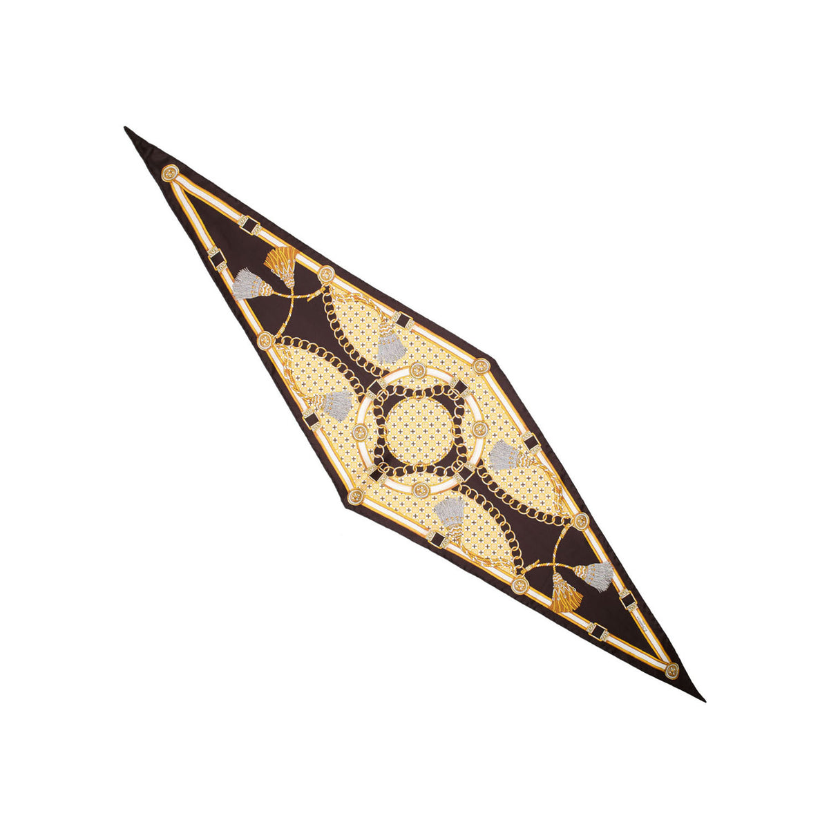 Dark Brown Silk Diamond Shape Scarf - Micropatterns, Tassels And Keys ...